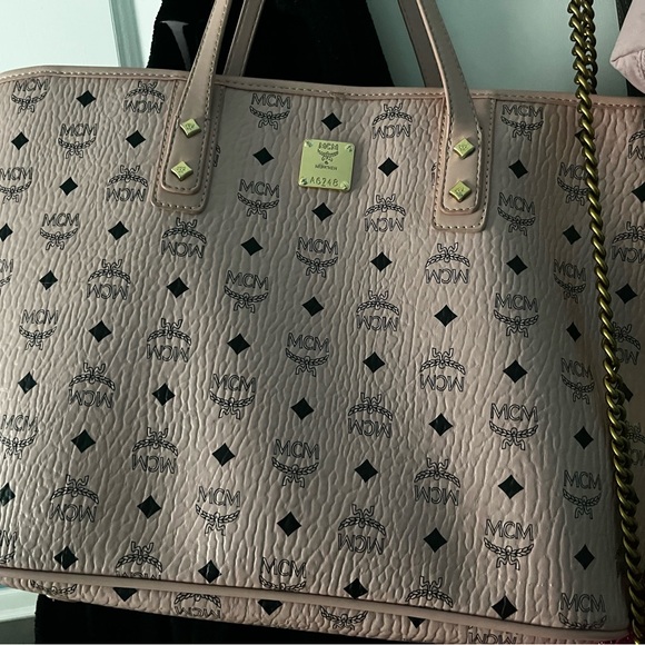 MCM | Bags | Mcm Pink Monogram Tote Bag With Leather Handles | Poshmark